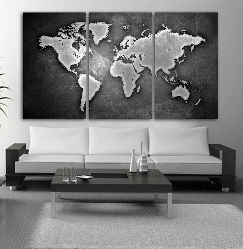World Map Canvas Print 3 Panel Split Black and white Art. | Etsy