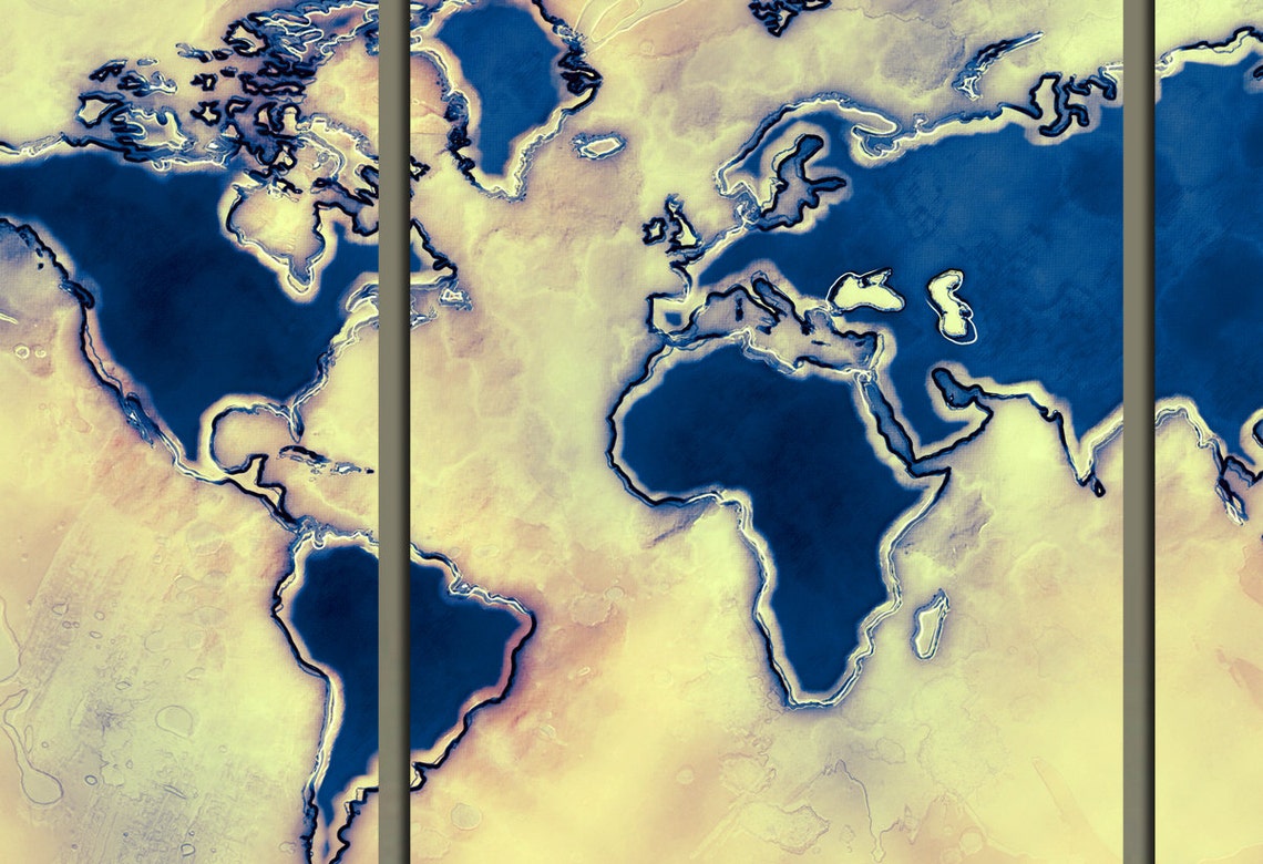 3 Panel Split Art World Map Canvas Print With Dramatic Look - Etsy