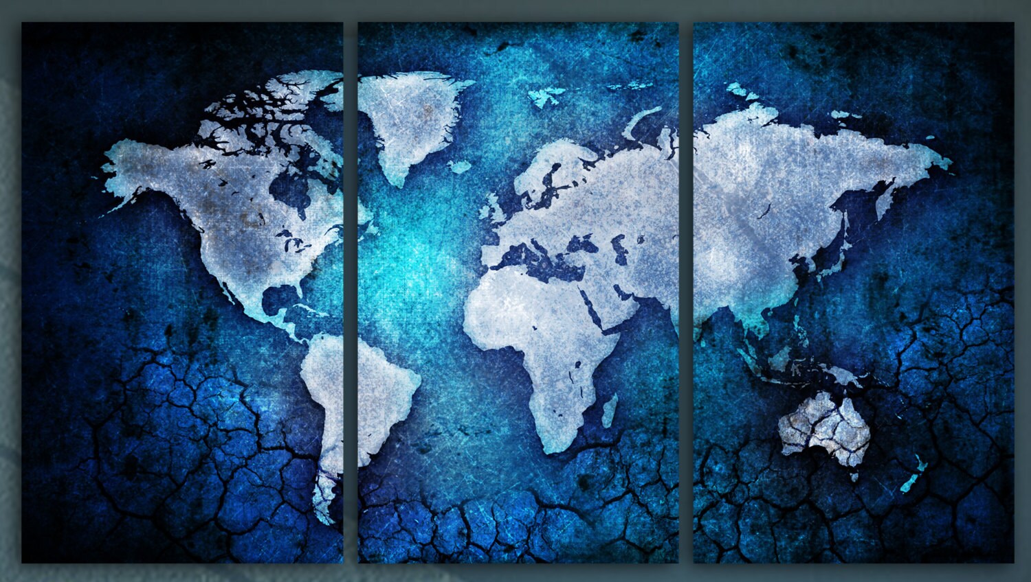 3 Panel Split Blue Texture Art World Map Canvas Print | Etsy