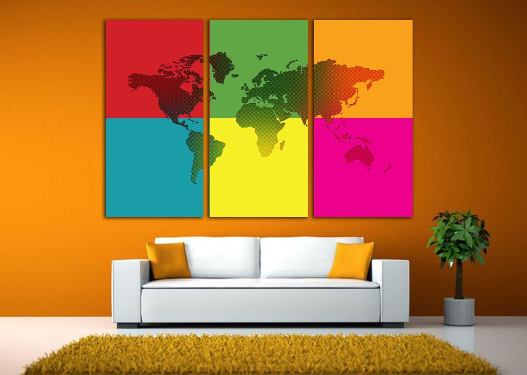 3 Panel Split World Map, Multi Color Art Triptych Canvas Print ...