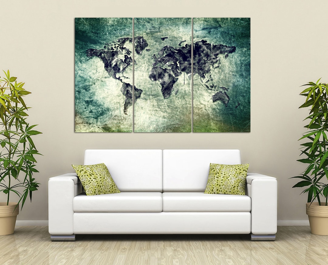 3 Panel Split Canvas Art World Map Canvas Print, Modern World Map ...