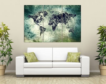 3 Panel Split Art World Map Canvas Printyellow Dramatic Look. | Etsy