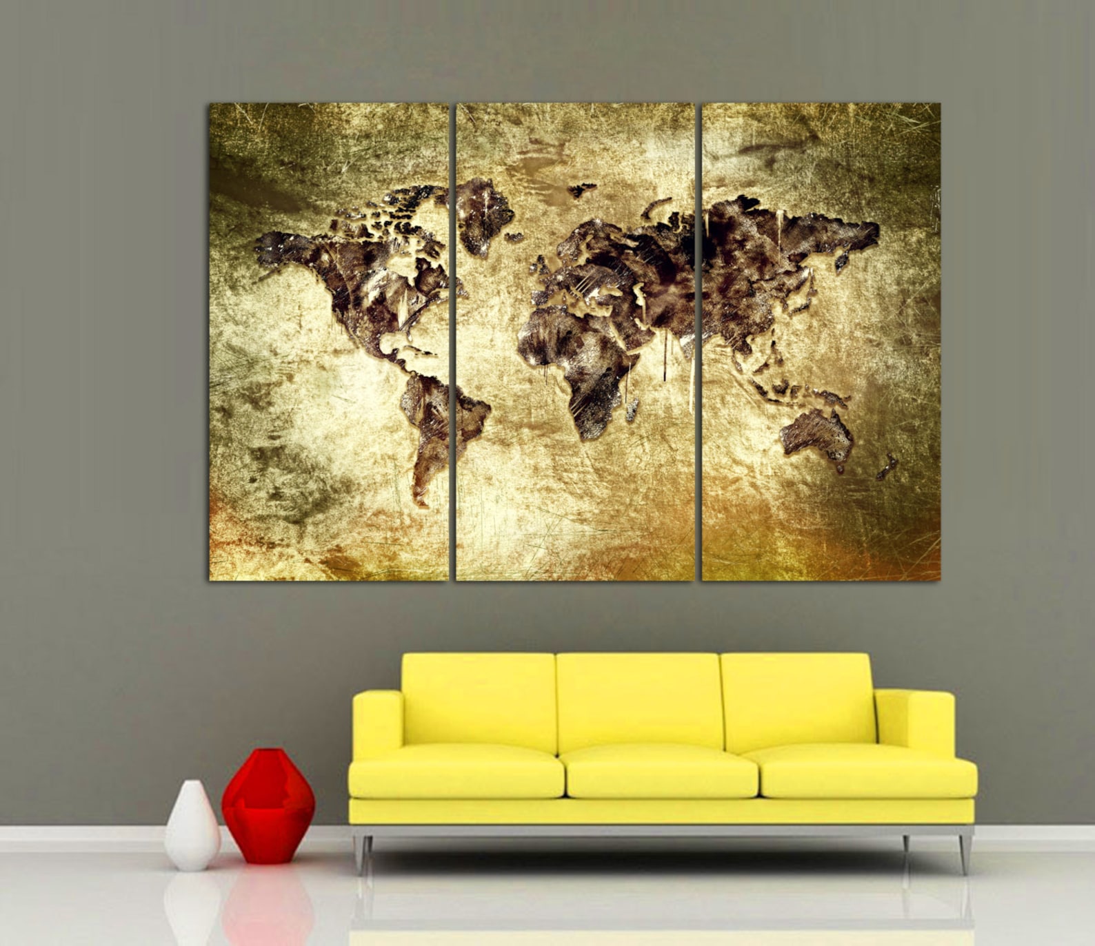 3 Panel Split Art World Map Canvas Printyellow Dramatic Look. | Etsy