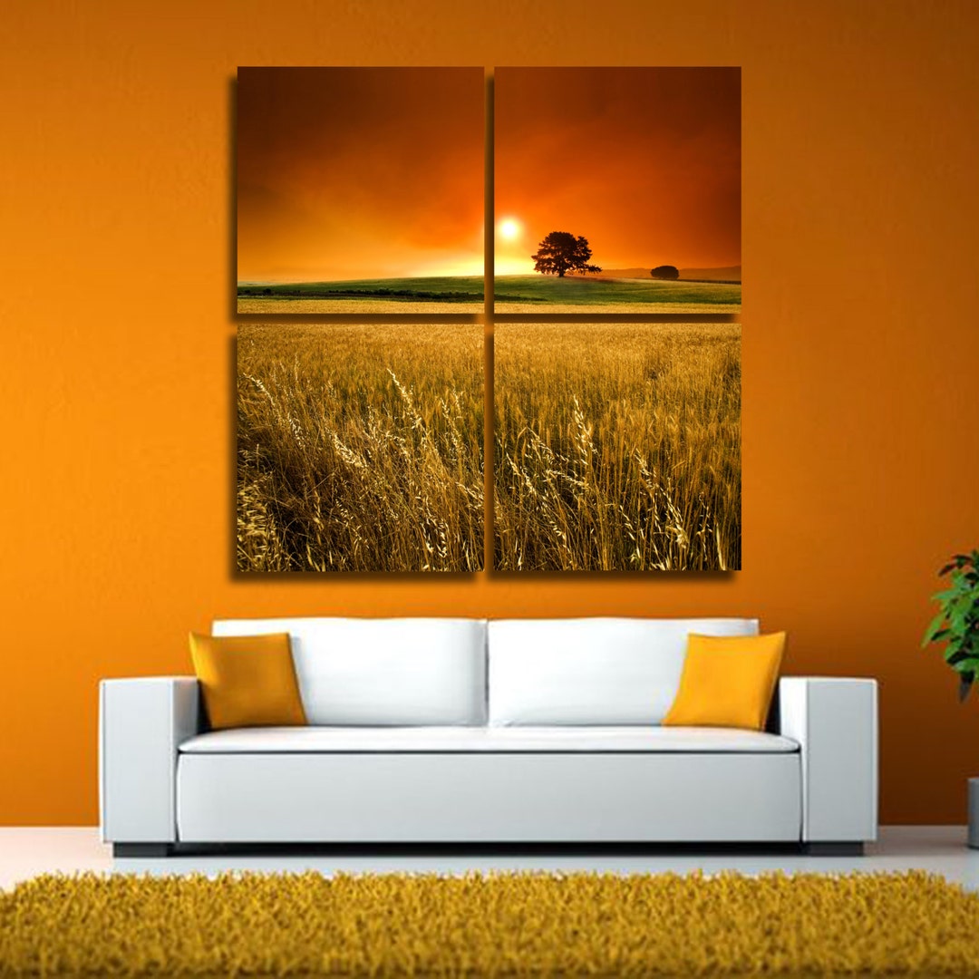 4 Panel Split (quad) Wheat Field Orange Skies Canvas Print, Tree and ...