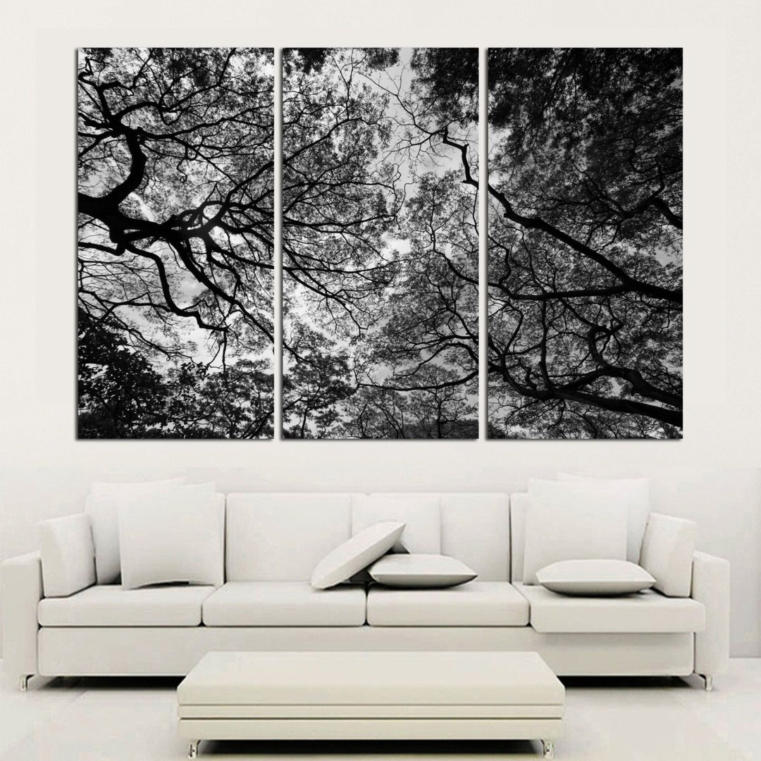 3 Panel Split Canvas Tree, Black and White (B/W). Branches Leafs Sky ...