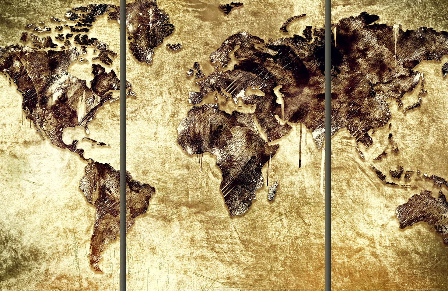 3 Panel Split Art World Map Canvas Printyellow Dramatic Look. - Etsy