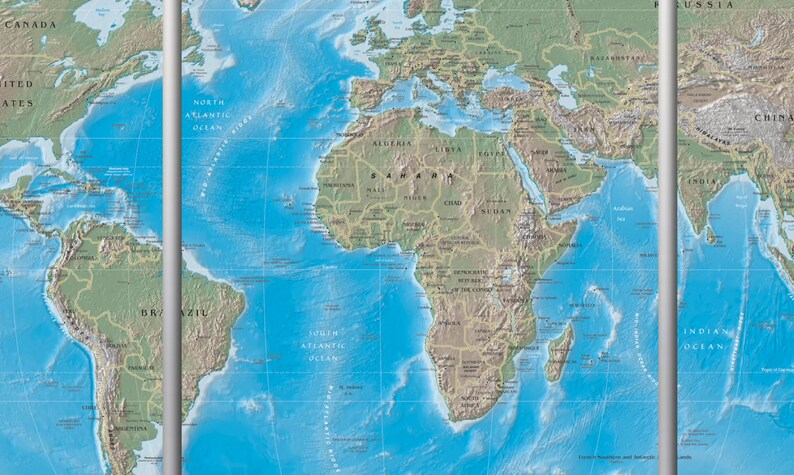 World Map Canvas Print 3 Panel Split. With Colored Textured | Etsy
