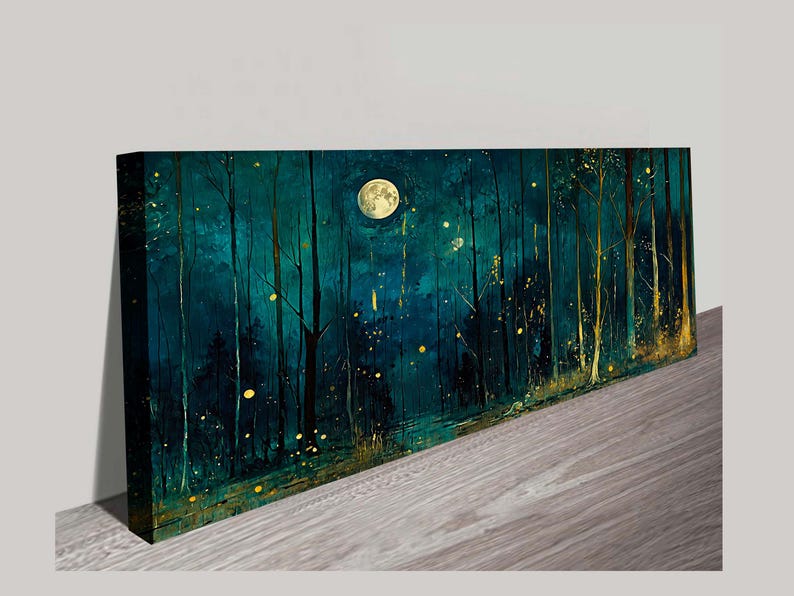 Moon & Stars Canvas Print: Vintage Forest Landscape, Mystical Night Sky ...
