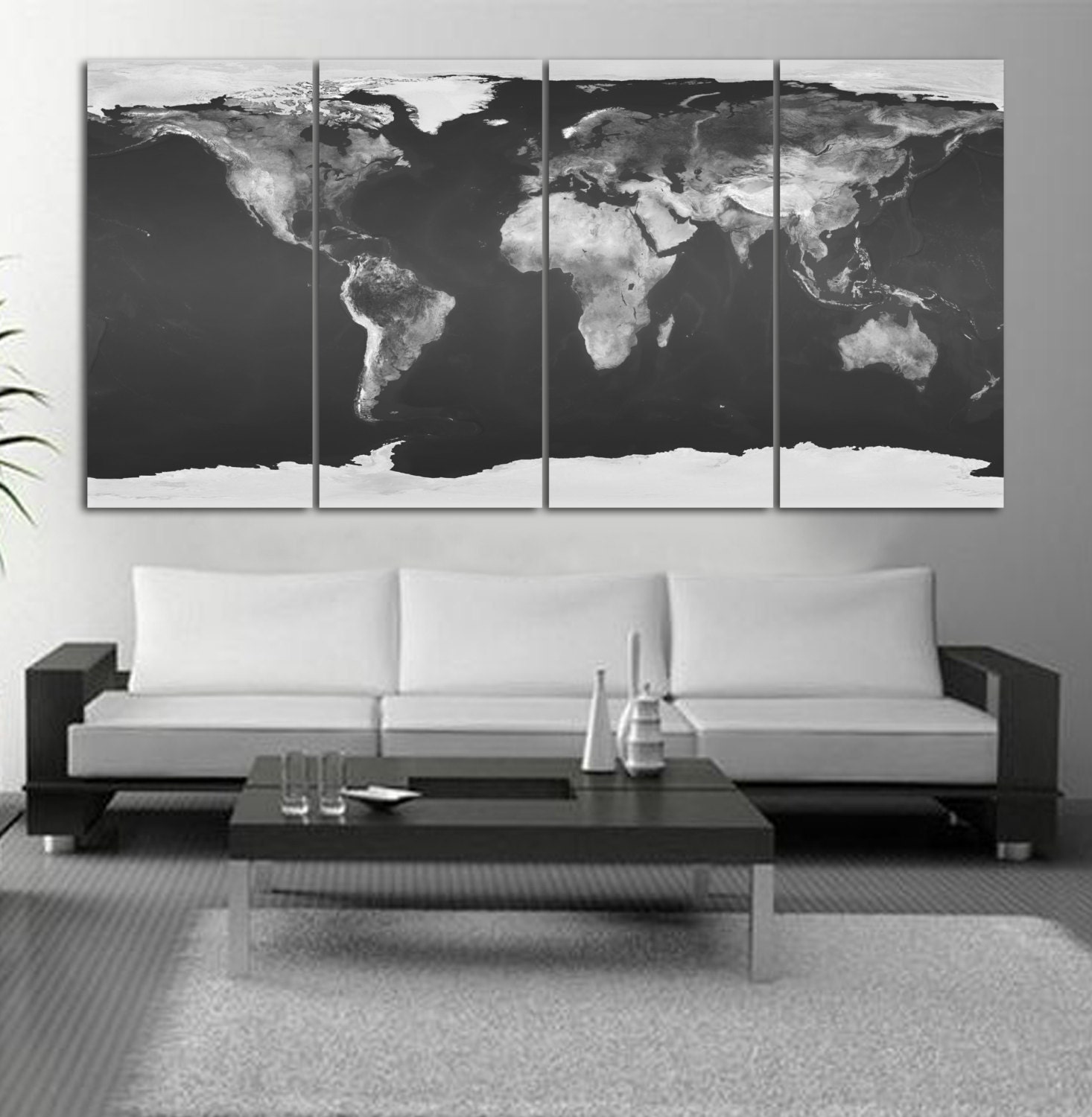 4 Panel Split Black and White Art World Map Canvas Print | Etsy