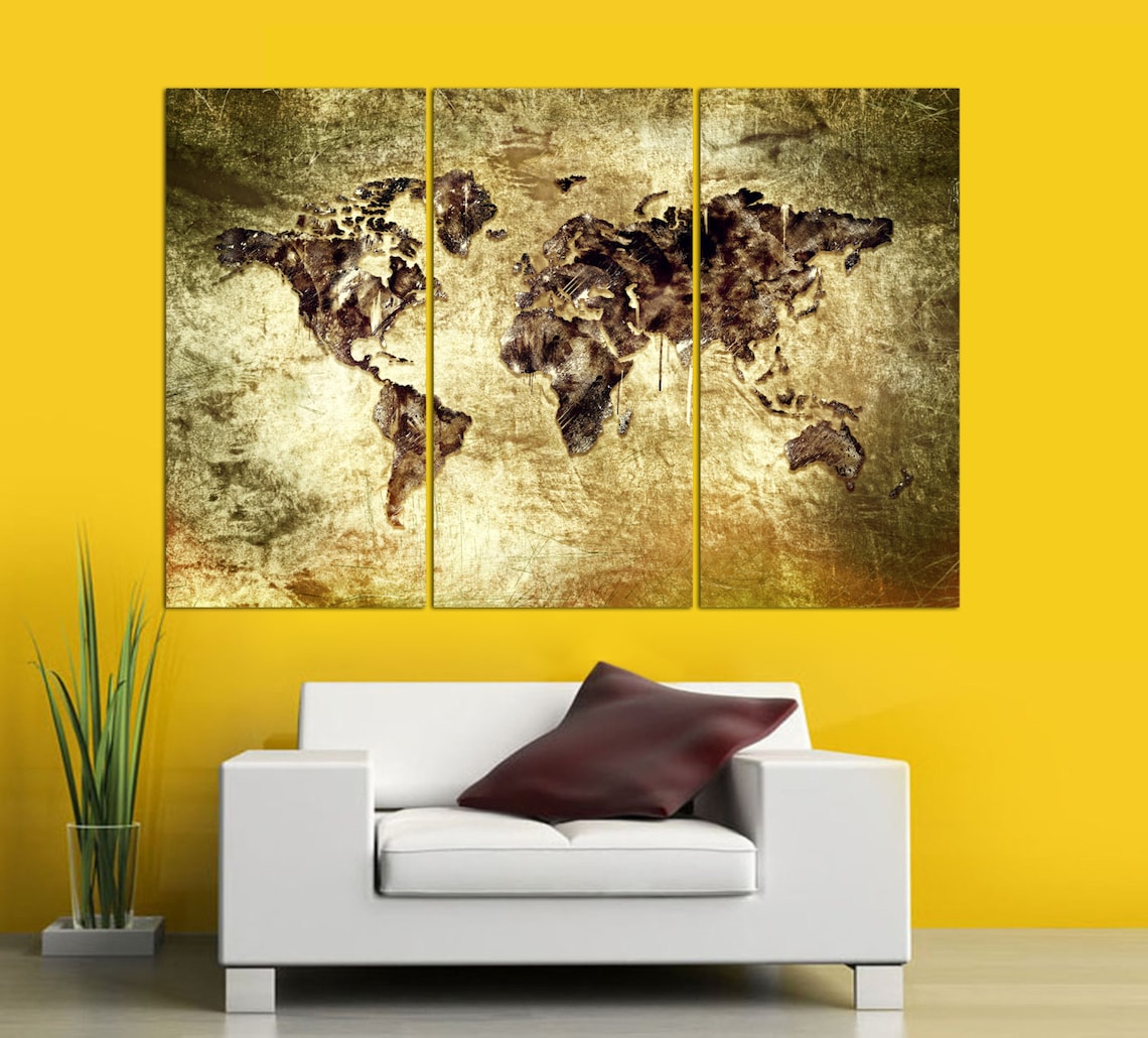 3 Panel Split Art World Map Canvas Printyellow Dramatic Look. - Etsy