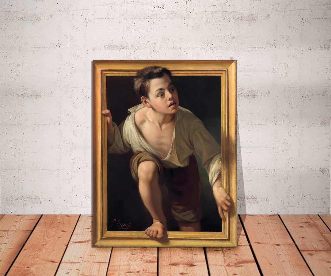 Boy Escaping Through Picture Frame Canvas Art Print: Pere Borrell Del ...