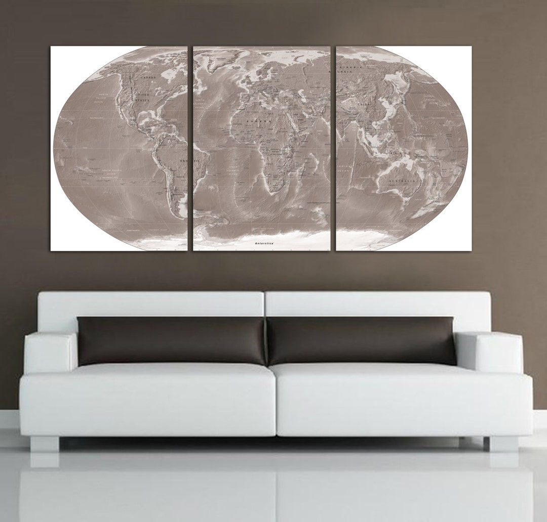 3 Panel Split World Map Canvas Print. White Background, Countries, City ...