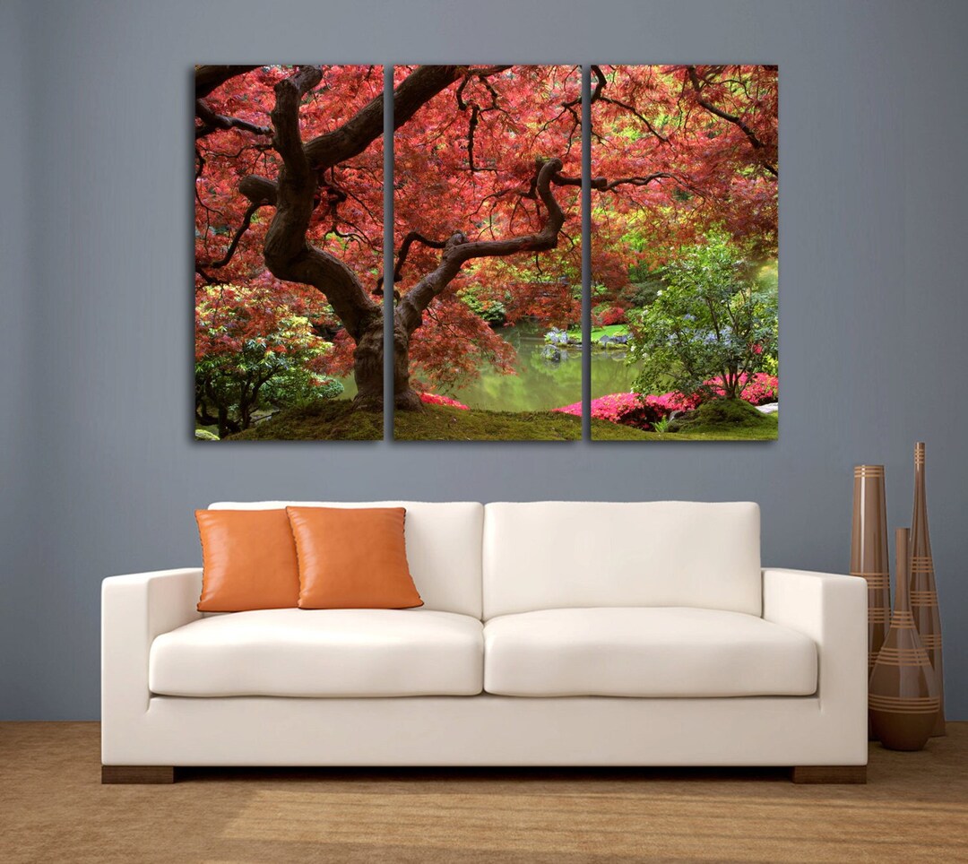 3 Panel Split Tree and Park Canvas Print, 1.5" Deep Frames - Pink Leafs ...