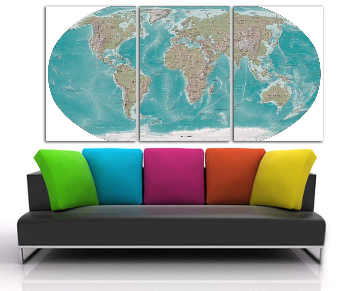 3 Panel Split World Map Canvas Print. White Background - Etsy