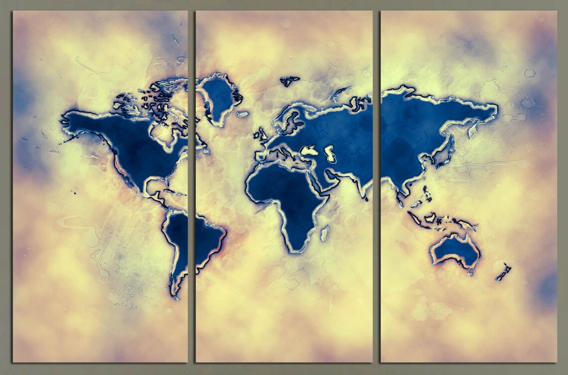 3 Panel Split Art World Map Canvas Print With Dramatic Look - Etsy