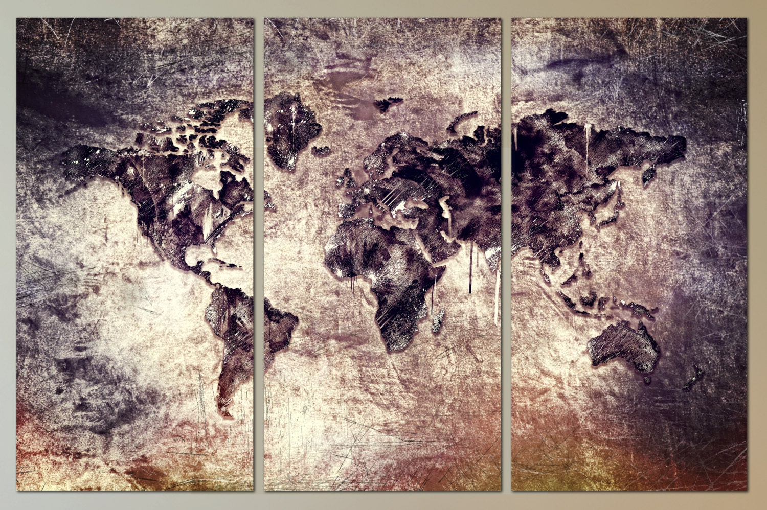 World Map Canvas Print 3 Panel Split Art Dramatic Look. - Etsy