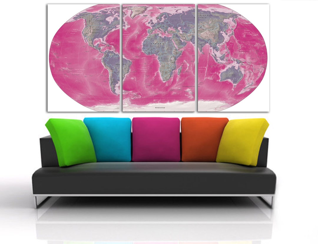 3 Panel Split World Map Canvas Print. White Background, Countries, City ...