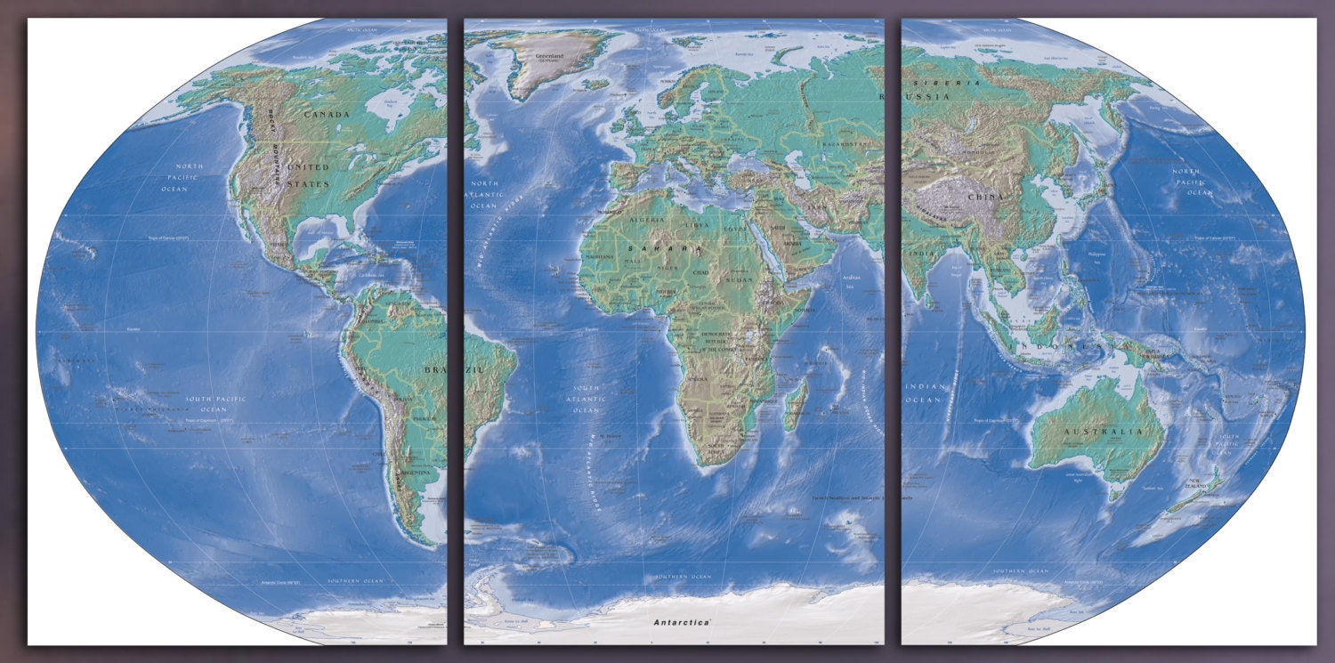 World Map Canvas Print: 3-panel Split Wall Art - Etsy
