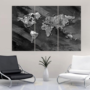 World Map Canvas Print 3 Panel Split Custom Art, Black White Triptych ...