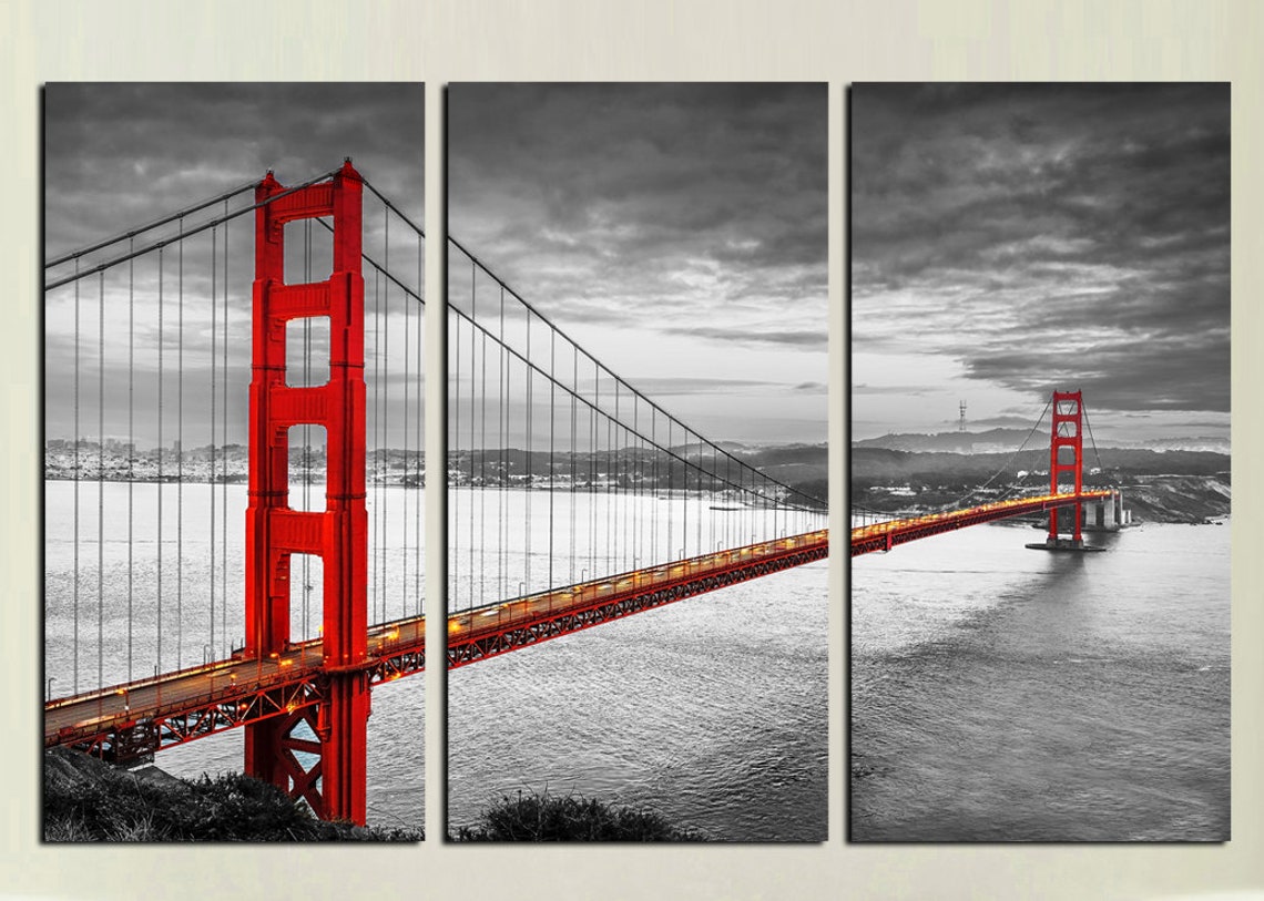 SF Golden Gate Bridge 3 Panel Split Canvas Triptych Color | Etsy