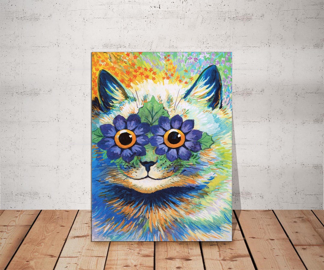 Louis Wain Art, Flower Power Cat, Cat Canvas Print, Lovely Kitten Art ...