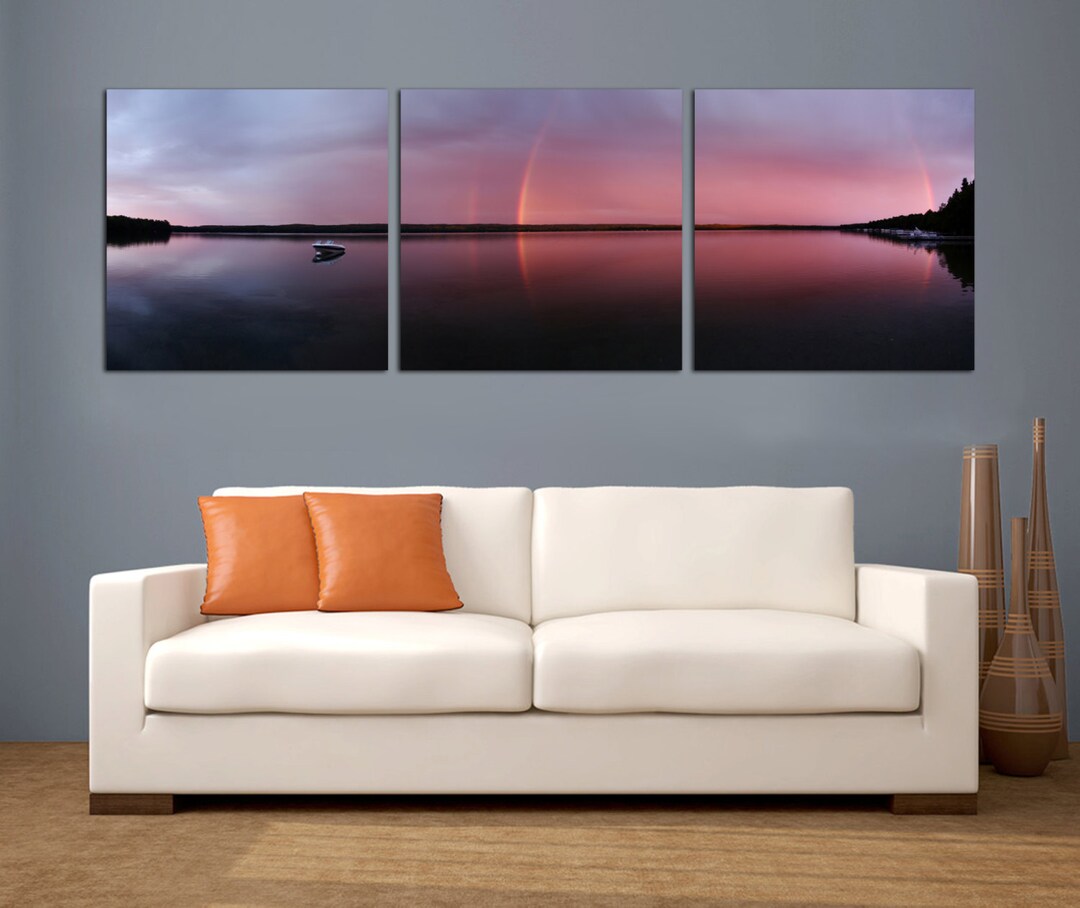 3 Panel Split - Panoramic Sunset View of Lake Canvas Print. Boat in ...
