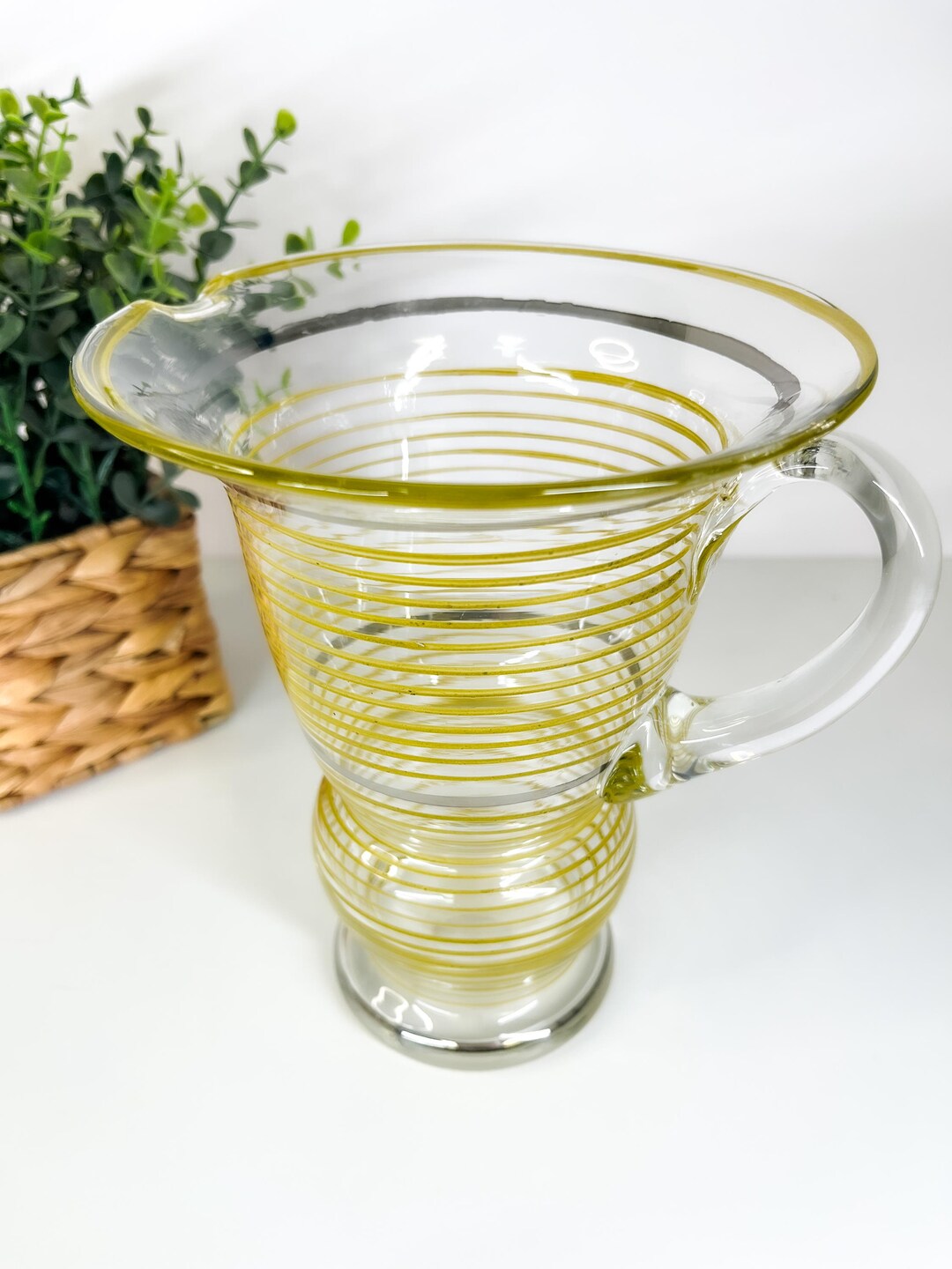 MCM Blown Glass Pitcher, Yellow Silver Stripes, Handle for Lemonade and ...