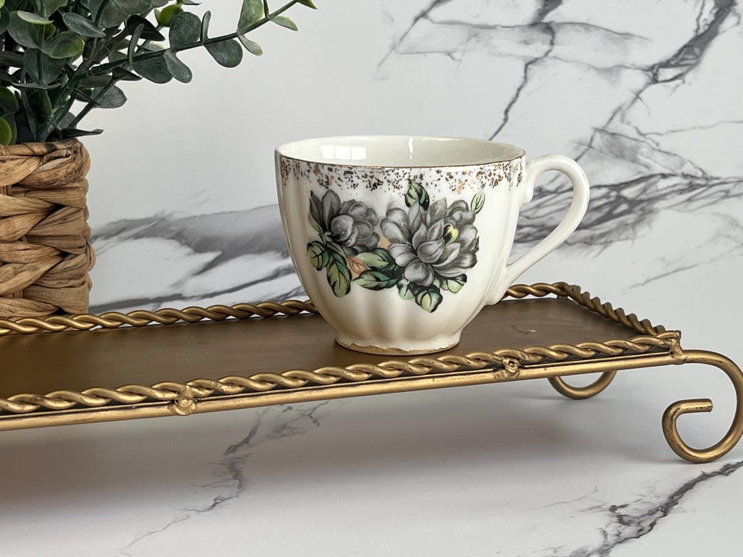 Romantic Tea Cup Gold Trim, Grey Flower, Great for up Cycling - Made in ...