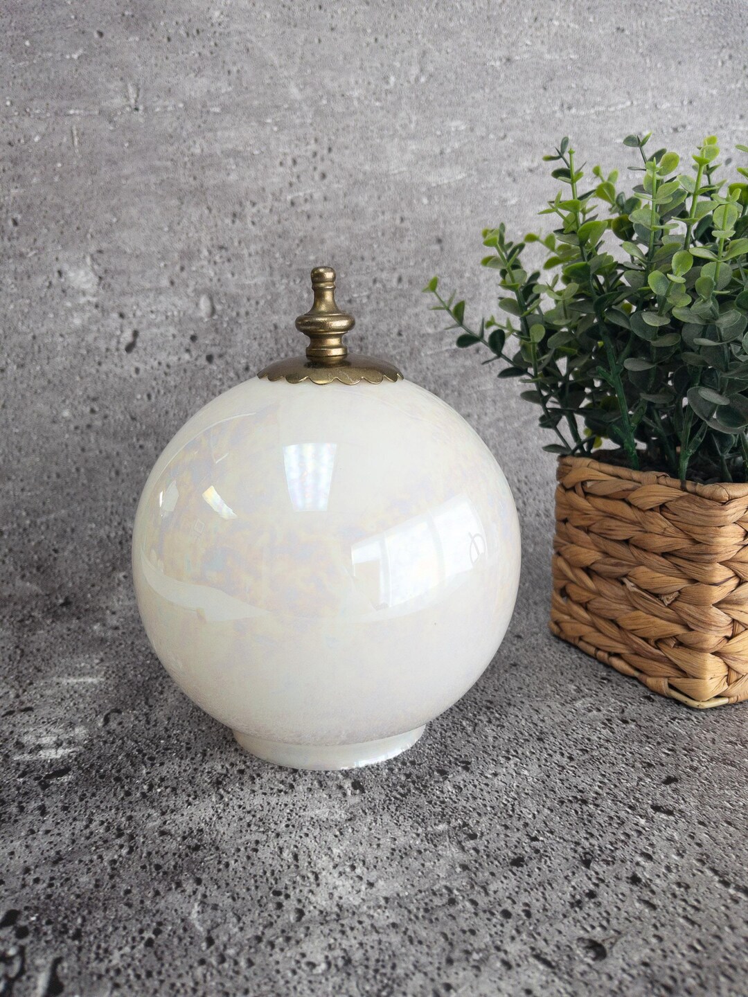 MCM Glass Globe - Iridescent Milk Glass With Brass-look Finial - Etsy