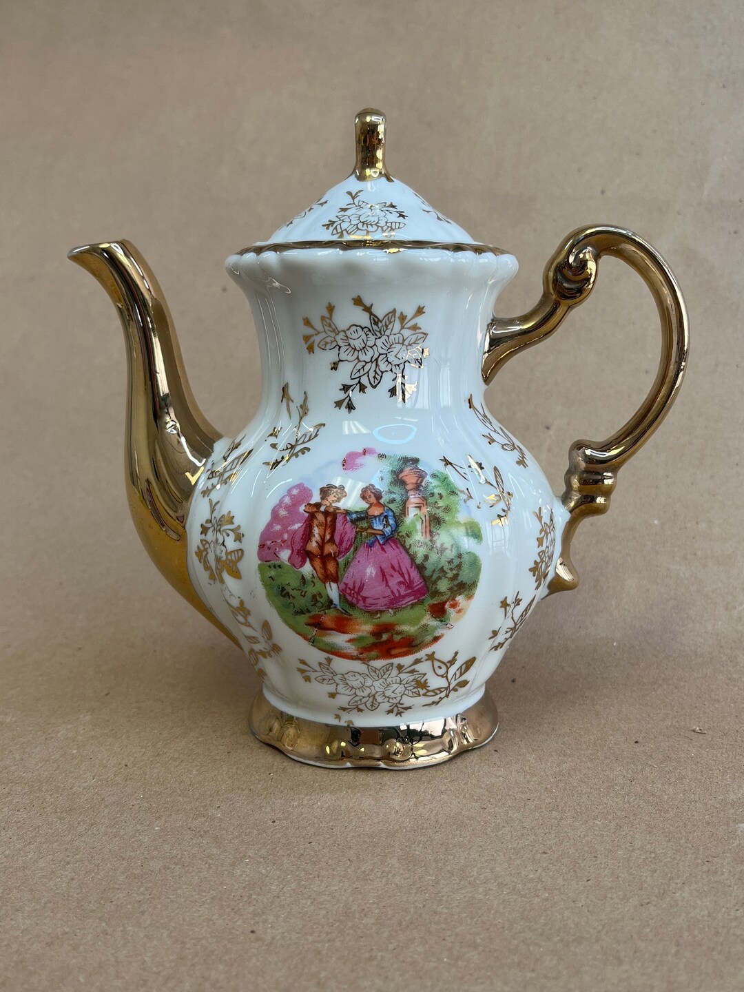 Romantic Floral Gold Gilt 60s English Tea Pot With Country Garden Scene ...