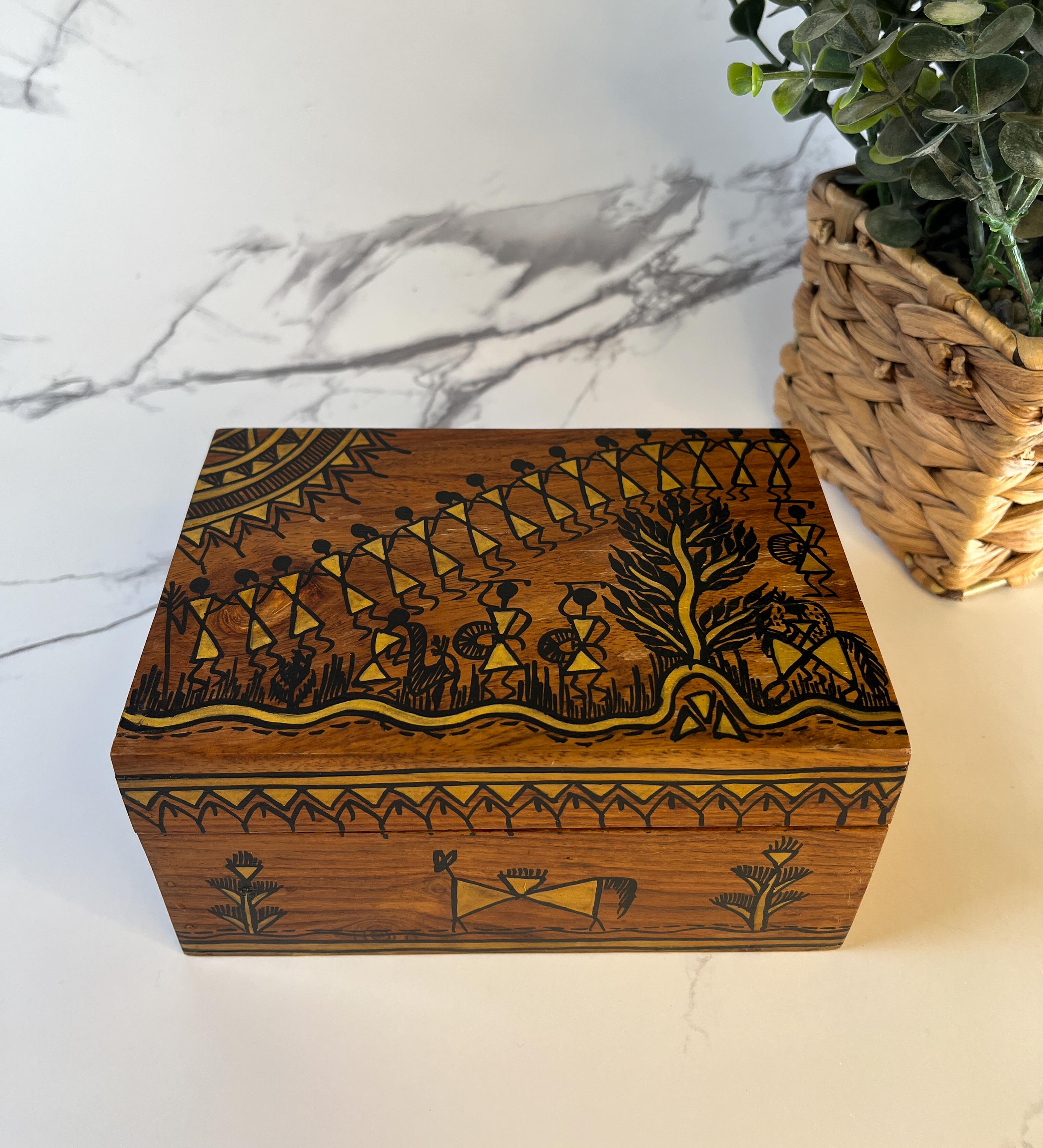 Wooden Box Tribal Hand Painting Black and Gold - Etsy