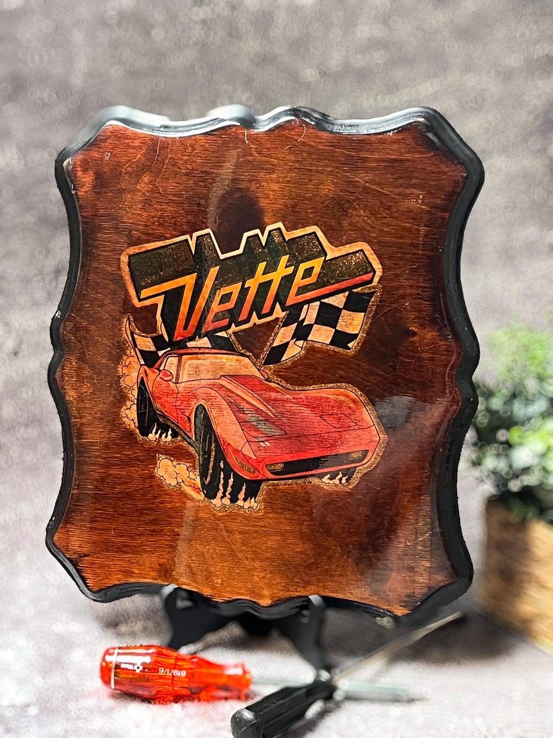 Vintage Corvette Plaque - Stained Wood Crest With Sparkle Decal for 80s ...