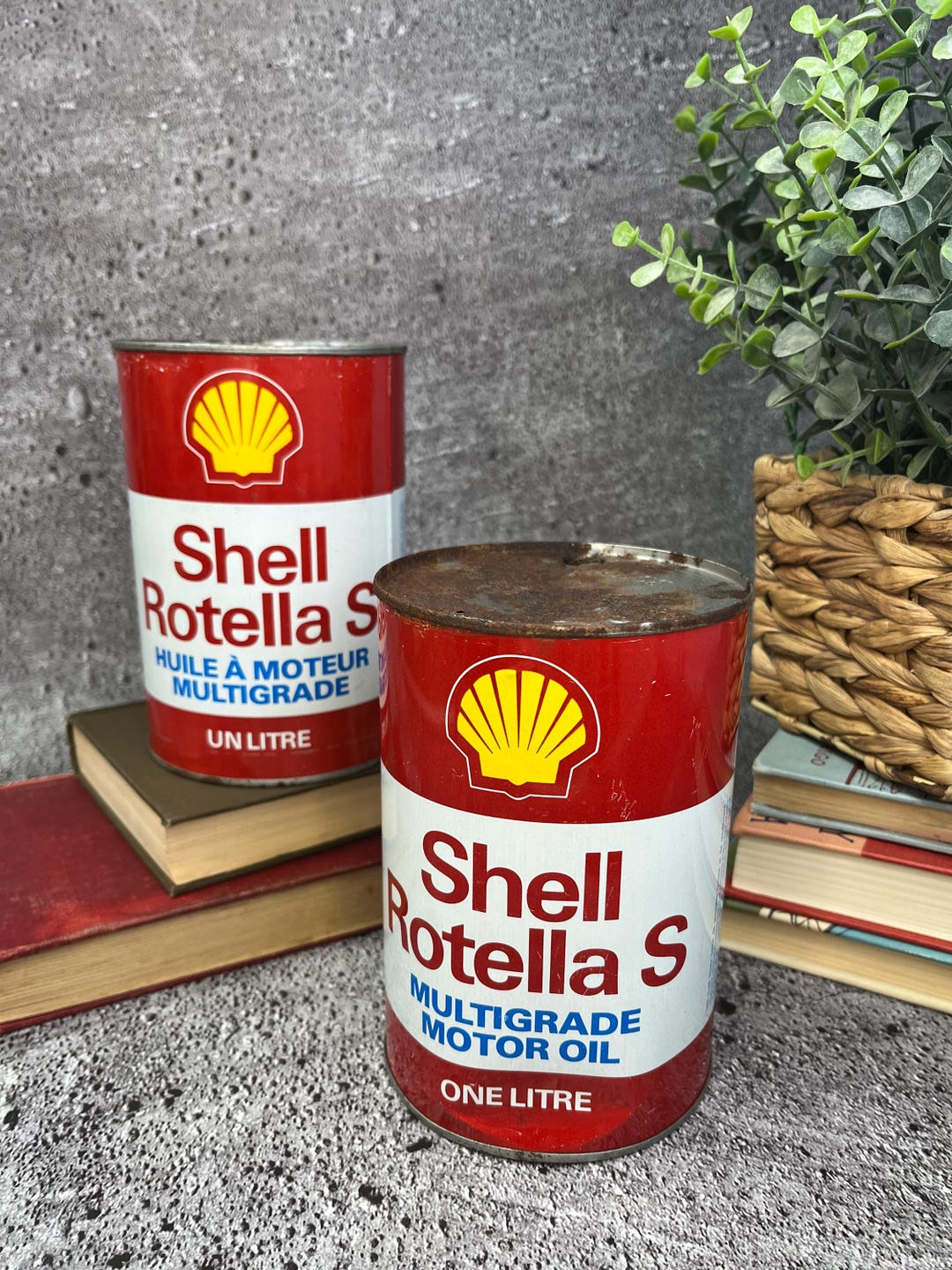 Shell Oil Can - Set of 2, Man Cave Decor, Canadiana Shelf Display, Red ...
