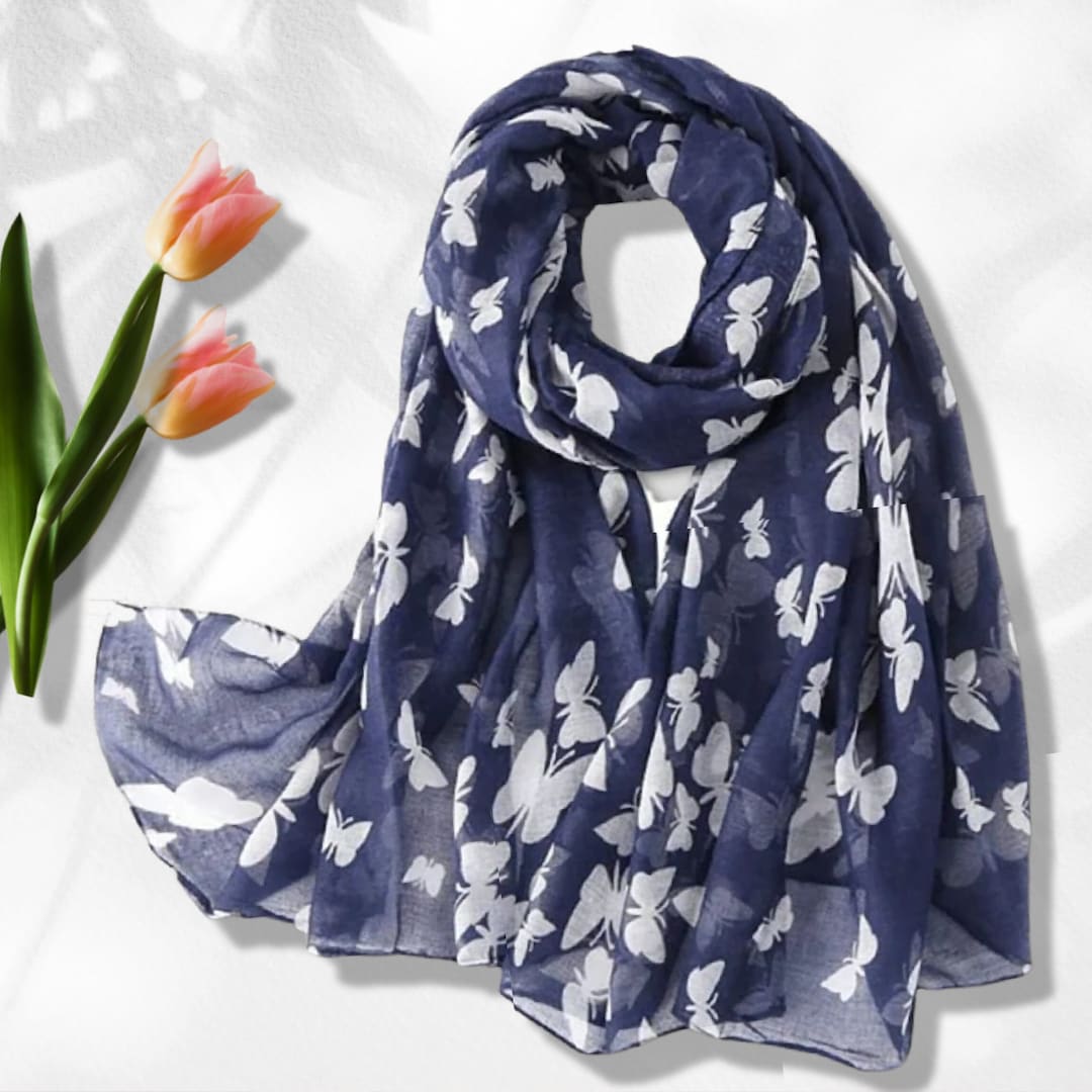 Navy Butterfly Print Scarf Women Shawl Wrap Large Scarf Mothers Day ...