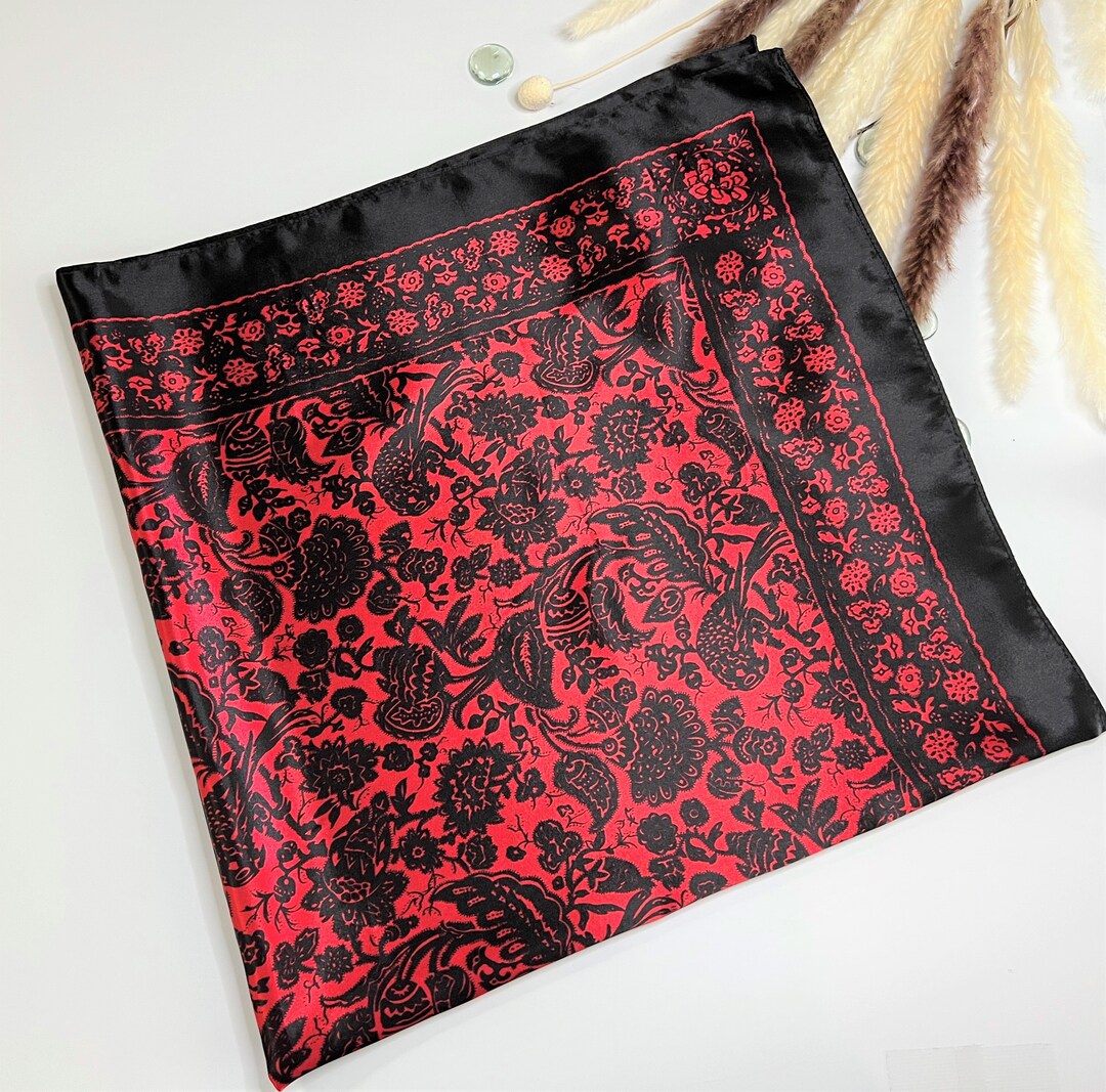 Red & Black Large Square Scarf Silk Head Scarf Woman Silk Scarf ...
