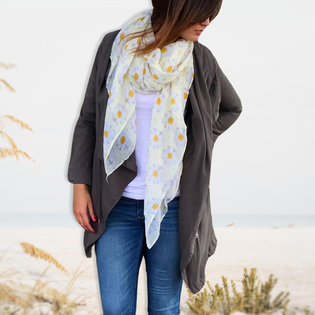 Gray Floral Print Scarf Daisy Print Scarf Light Gray Scarf Women ...