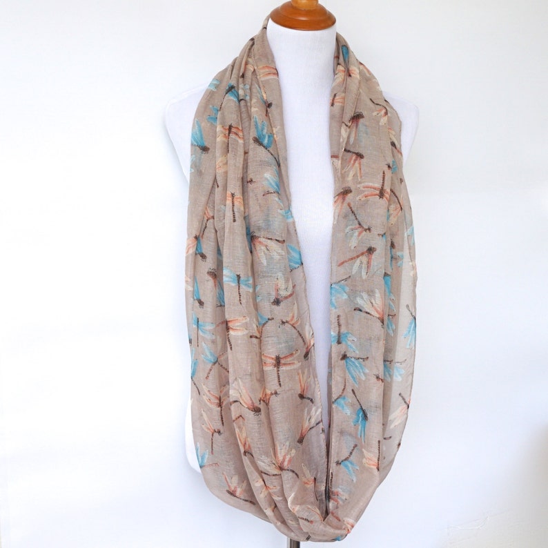 Infinity Beige Scarf Dragonfly Print Scarf Spring Summer | Etsy