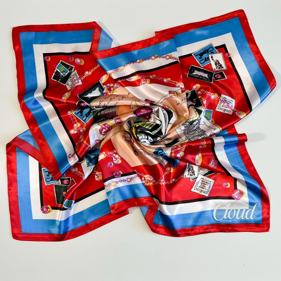 Red Satin Scarf, Blue & Red Head Scarf, Square Large Silk Head Scarf ...