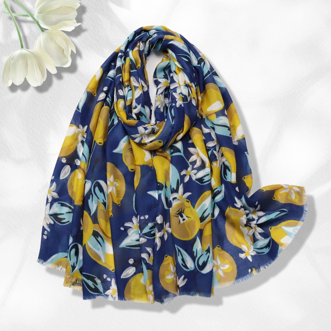 Navy Yellow Scarf Lemon Print Scarf Summer Wrap Women Scarves Shawl ...