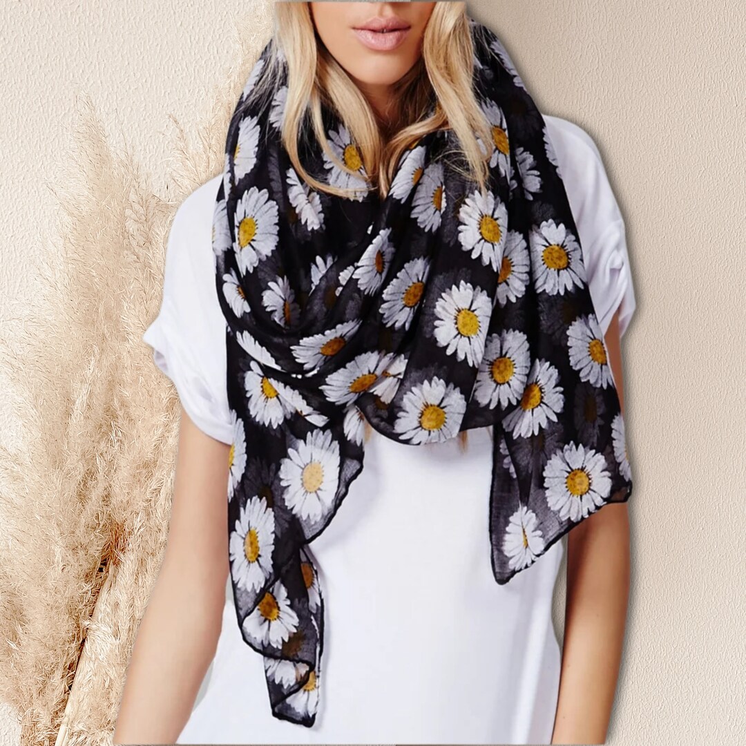 Black Floral Print Scarf Daisy Print Scarf Wrap Shawl Women Scarves ...