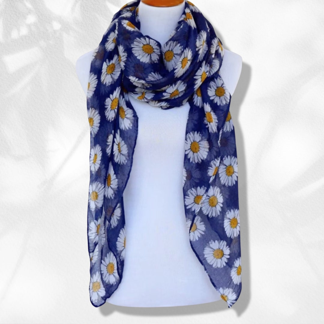 Daisy Print Scarf Floral Print Scarf Navy Scarf Shawl Handmade Gifts ...