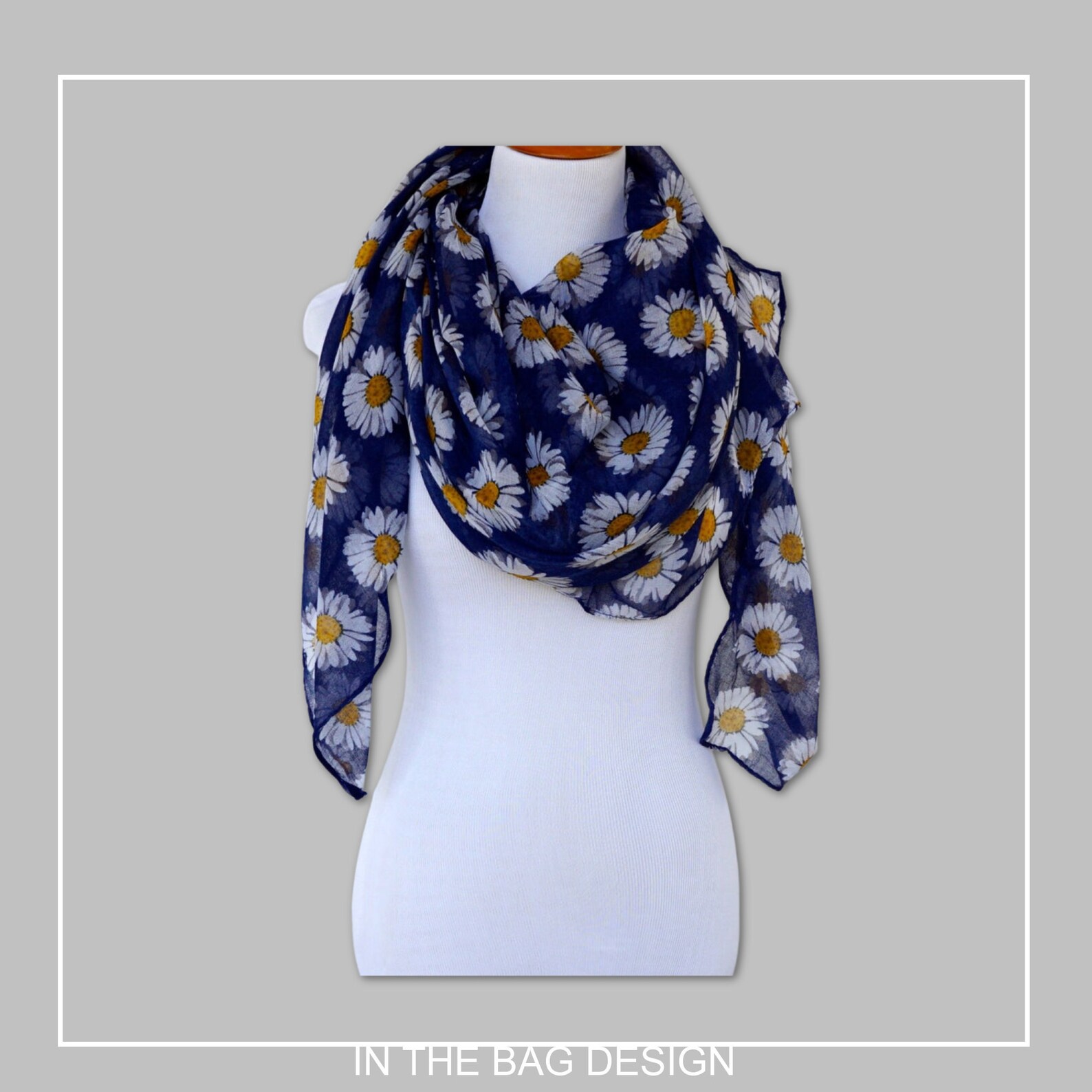 Daisy Print Scarf / Floral Print Scarf / Navy Scarf Shawl / - Etsy