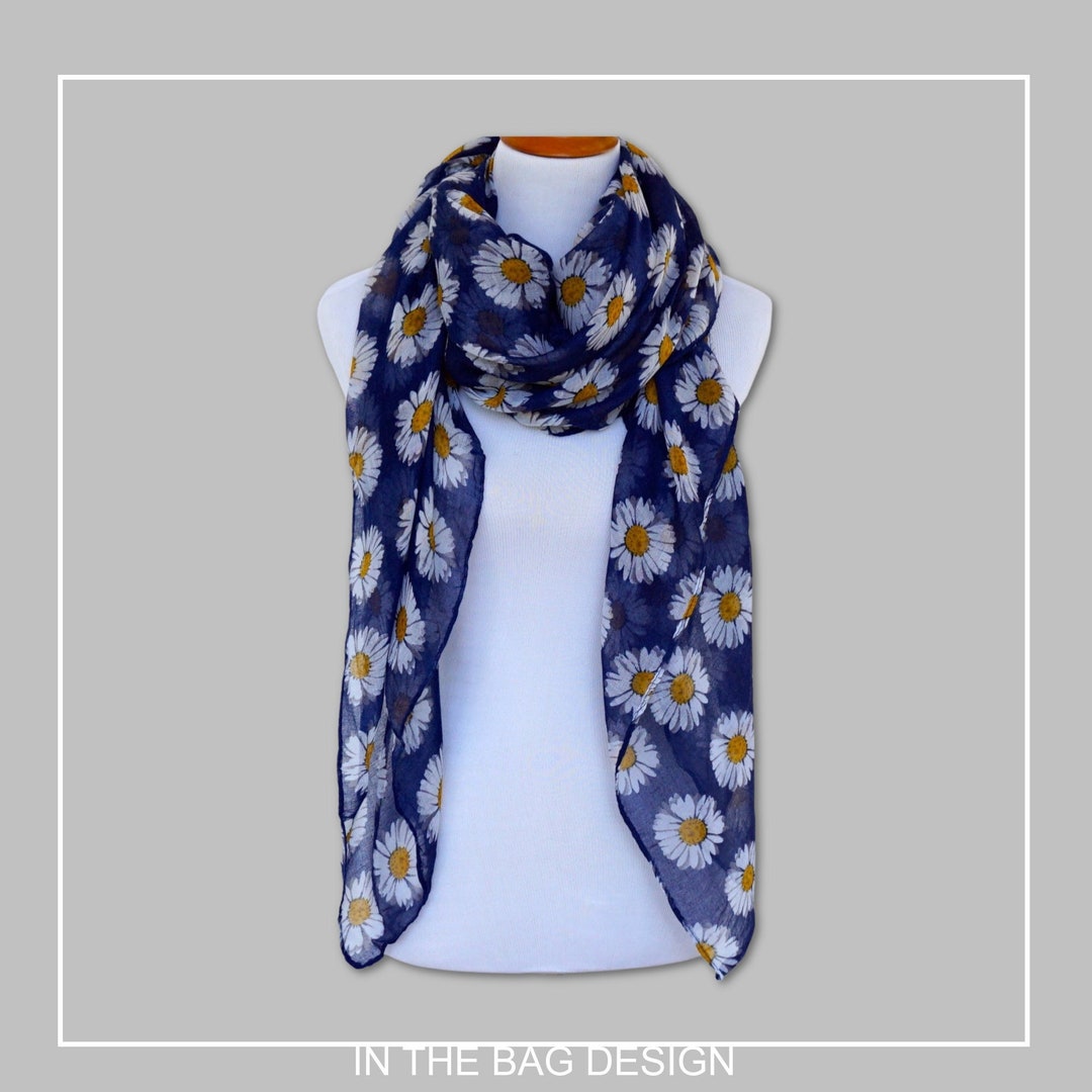 Daisy Print Scarf / Floral Print Scarf / Navy Scarf Shawl / - Etsy