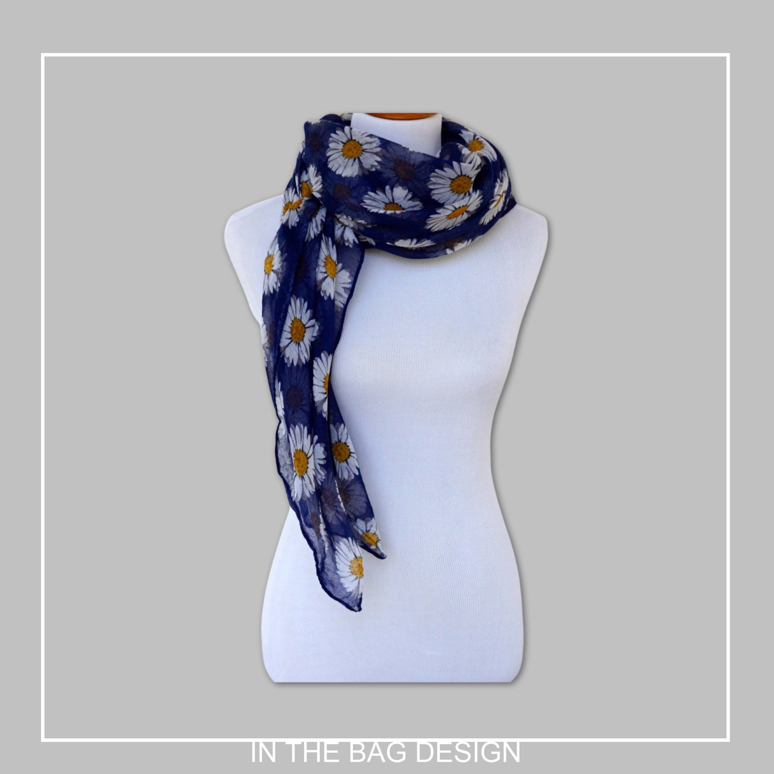 Daisy Print Scarf / Floral Print Scarf / Navy Scarf Shawl / - Etsy