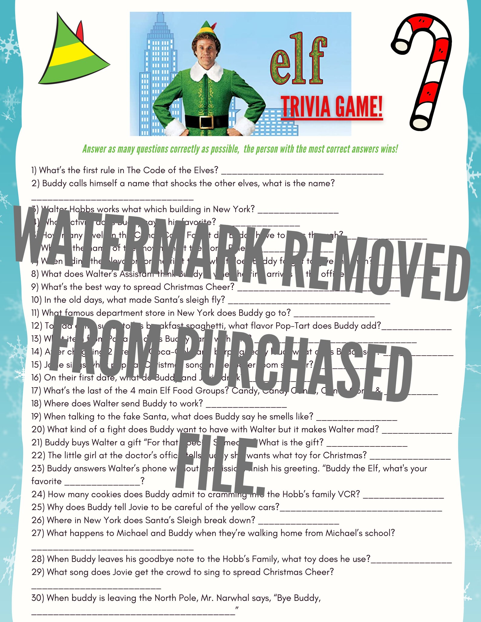 Elf Movie Trivia christmas Holiday Game Digital Download - Etsy