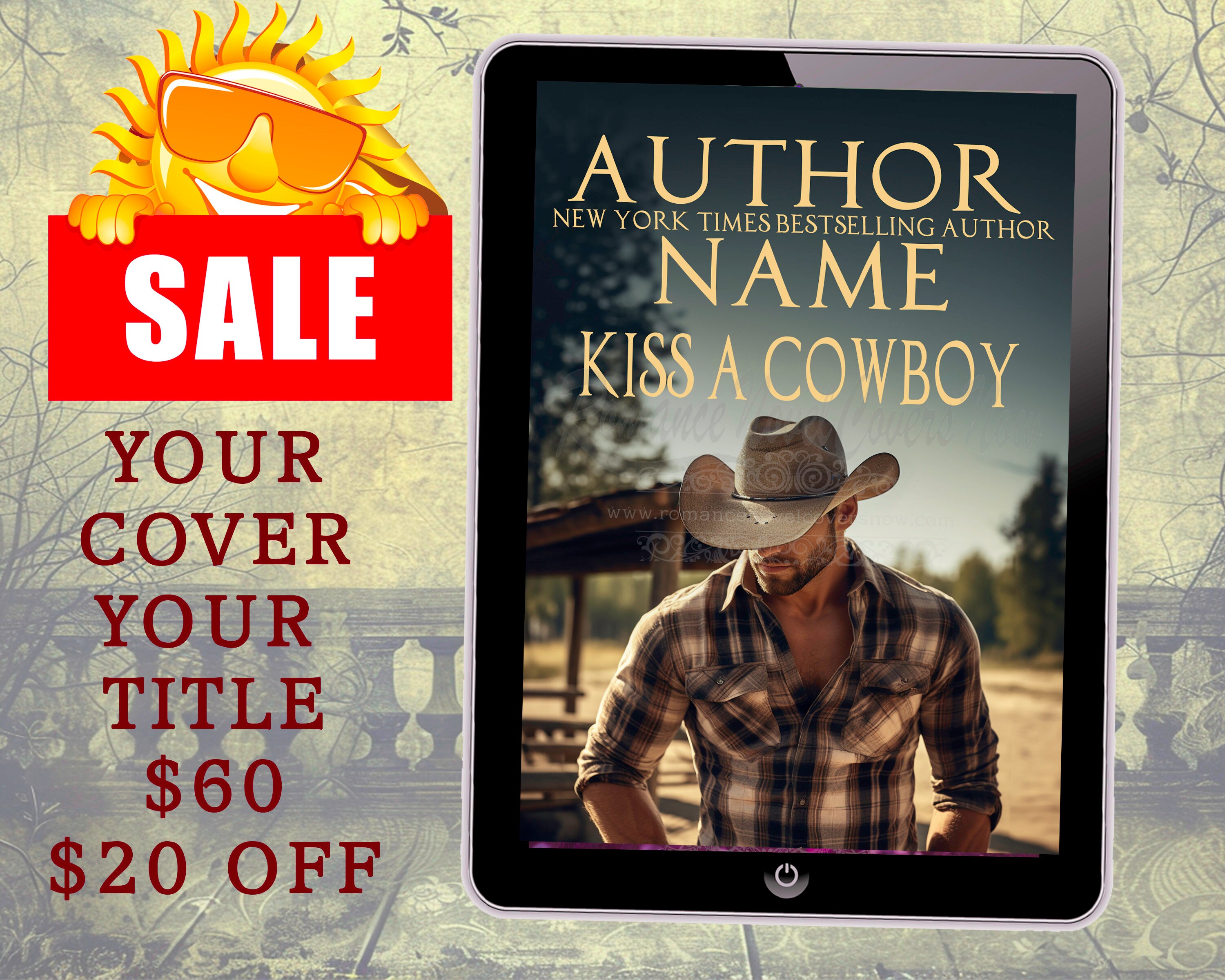 Kiss a Cowboy: Western Romance Book Cover, Premade Book Cover ...