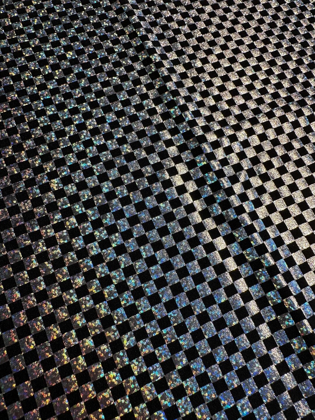 Holographic Metallic Silver Foil Checkers on Black Spandex / Fabric by ...
