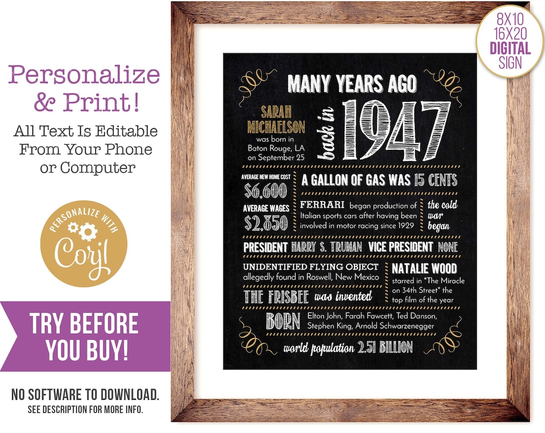 78th Birthday Sign Poster, Anniversary / Born in 1947 Fun Facts ...