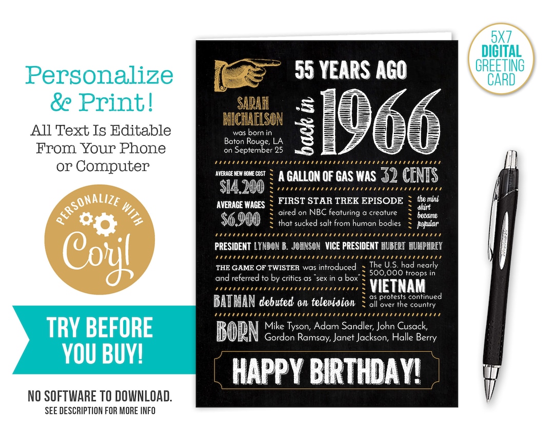 59th Birthday Card, Anniversary / Born in 1966 Fun Facts / Editable ...