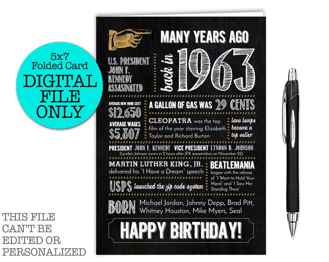 62nd Birthday Card / Fun Facts 1963 Year in Review / Digital File ...